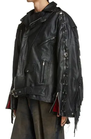 Balenciaga Fringe Detail Leather Biker Jacket
