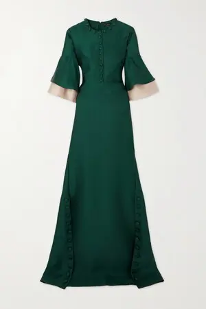 REEM ACRA Button-embellished Ruffled Satin-piqué Gown
