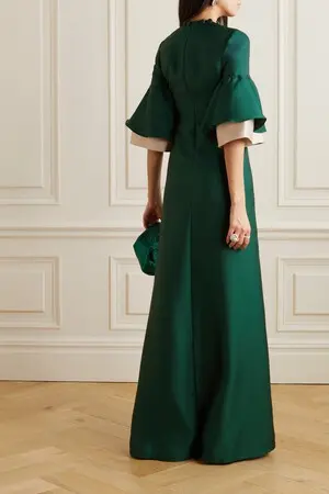REEM ACRA Button-embellished Ruffled Satin-piqué Gown