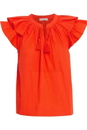 Ulla Johnson Elm Tasseled Ruffled Cottonpoplin Top - Tomato Red