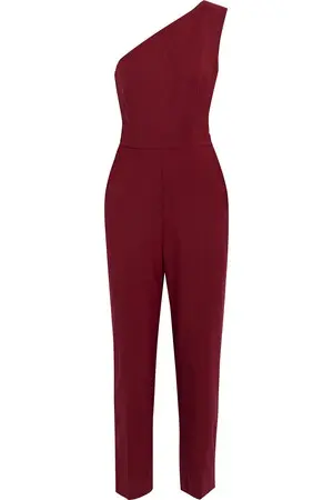 Oscar De La Renta Cropped One-shoulder Tulle-paneled Wool-blend Twill Jumpsuit - Claret