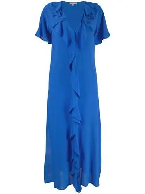 Gold Hawk Ruffle-trim V-neck Long Dress - Blue
