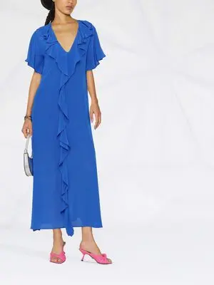 Gold Hawk Ruffle-trim V-neck Long Dress - Blue