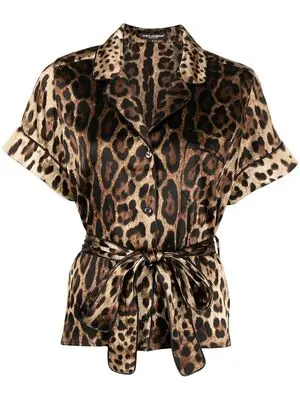Dolce & Gabbana Leopard-print Belted Silk Shirt - Brown