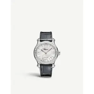 Chopard 278559-3003 Happy Sport Medium Automatic Stainless Steel, Diamond, And Alligator-embossed Leather Watch - Silver And Black
