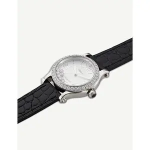 Chopard 278559-3003 Happy Sport Medium Automatic Stainless Steel, Diamond, And Alligator-embossed Leather Watch - Silver And Black