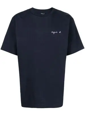 AGNES B. Logo-embroidered Cotton T-shirt - Blue