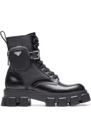 Prada Monolith Pouch Detail Lace Up Combat Boots - Black