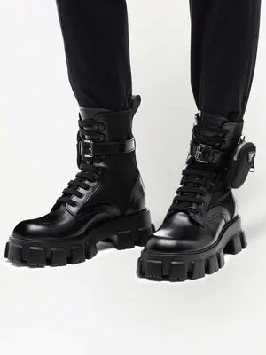 Prada Monolith Pouch Detail Lace Up Combat Boots - Black