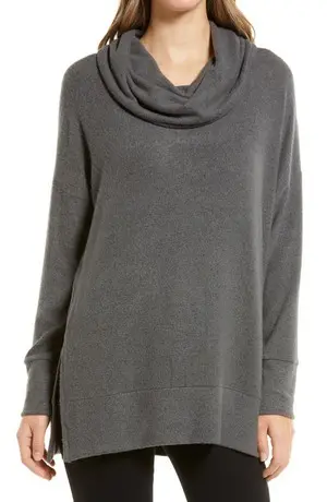 Loveappella Cowl Neck Long Sleeve Top Smoke