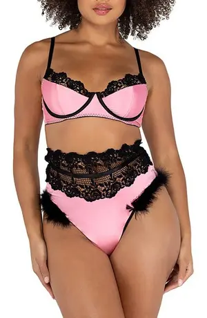 ROMA CONFIDENTIAL Embroidery & Satin Underwire Bra & High Waisted Thong - Pink/black