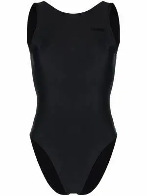 GANNI Sleeveless Logo-print Swimsuit - Black