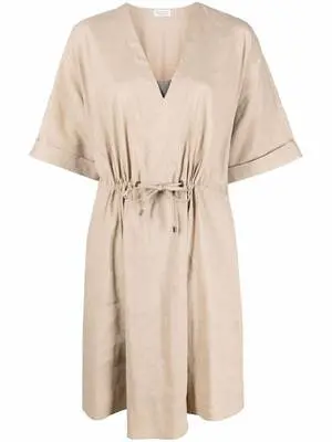 Brunello Cucinelli Drawstring Linen Mini Dress - Neutrals