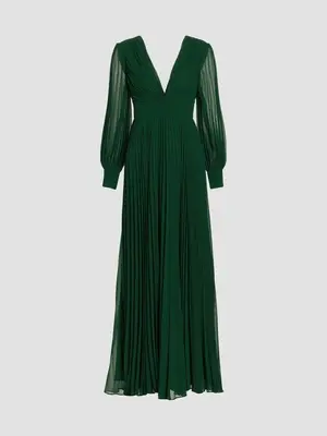 Badgley Mischka Pleated V-neck Gown - Dark Emerald