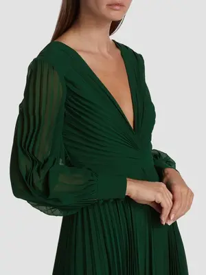 Badgley Mischka Pleated V-neck Gown