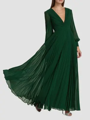 Badgley Mischka Pleated V-neck Gown