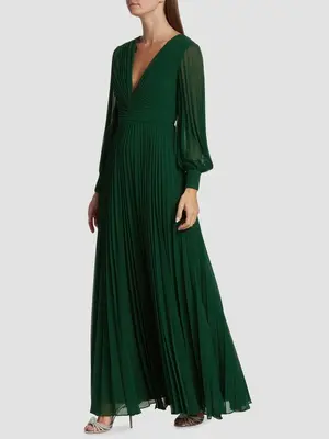 Badgley Mischka Pleated V-neck Gown