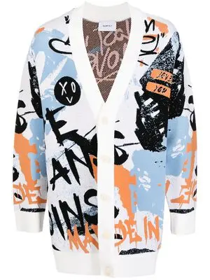 PORTS V Graffiti-print Button-up Cardigan