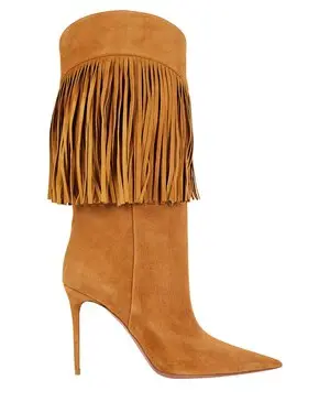 Amina Muaddi Lily Fringed Suede Boots - Beige