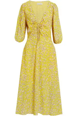 NICHOLAS Lace-up Ruched Floral-print Crepe Midi Dress