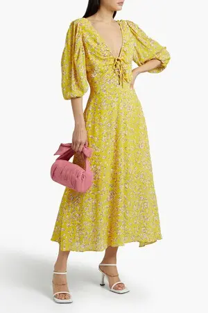 NICHOLAS Lace-up Ruched Floral-print Crepe Midi Dress
