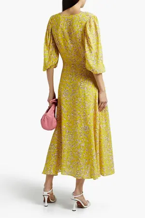 NICHOLAS Lace-up Ruched Floral-print Crepe Midi Dress