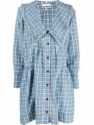 GANNI Check-print Gathered Mini Dress