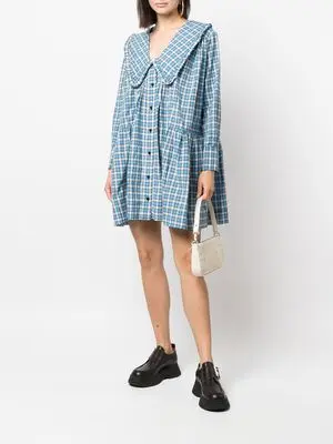 GANNI Check-print Gathered Mini Dress