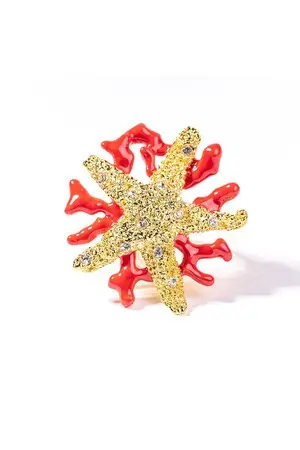 KENNETH JAY LANE Starfish And Enamel Branch Ring - Coral