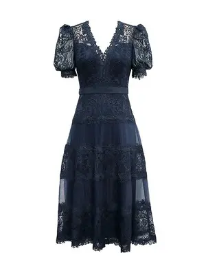 Tadashi Shoji Corded Lace V-neck Midi-dress Royal Navy