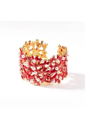 KENNETH JAY LANE Branch Hinged Cuff With Pearls - Coral