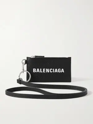 Balenciaga Logo-print Full-grain Leather Cardholder With Lanyard - Black