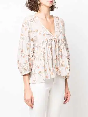 ALYSI Embroidered Flounce Smock Top