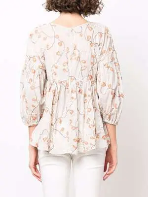 ALYSI Embroidered Flounce Smock Top