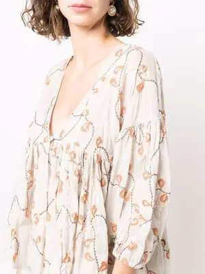 ALYSI Embroidered Flounce Smock Top
