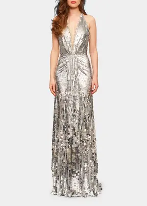 Jenny Packham Mars Sequin-Embellished Halter Gown Platinum