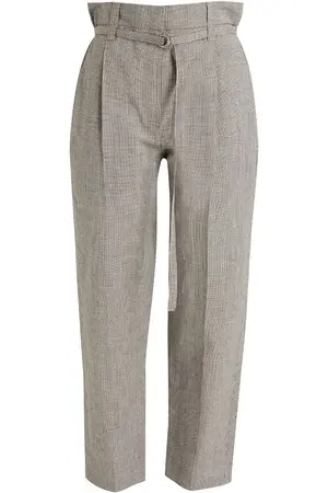 Brunello Cucinelli Belted Houndstooth Wool And Linenblend Tapered Pants - Chocolate