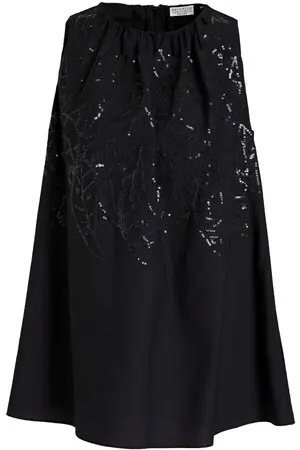 Brunello Cucinelli Brunello Cucinelli Embellished Gathered Cotton-Blend Poplin Top - Black