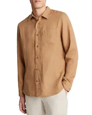 Vince Solid Linen Button Down Shirt Caramel Desert