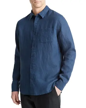 Vince Solid Linen Button Down Shirt Deep Indigo