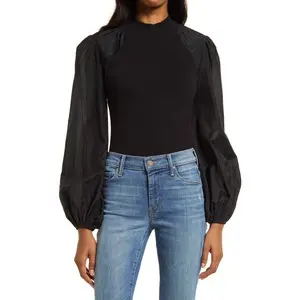 ALLSAINTS Cleo Mixed Media Balloon Sleeve Cotton Blend Blouse