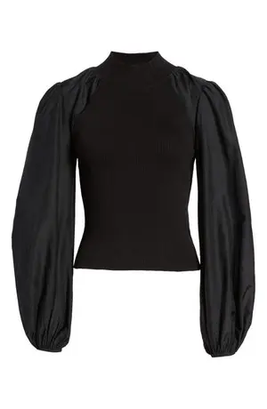 ALLSAINTS Cleo Mixed Media Balloon Sleeve Cotton Blend Blouse