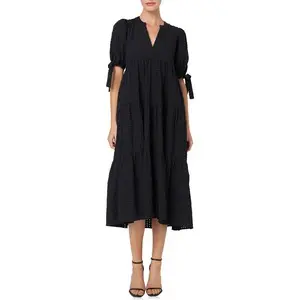 English Factory Gingham Tiered Midi Dress - Black