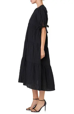 English Factory Gingham Tiered Midi Dress - Black