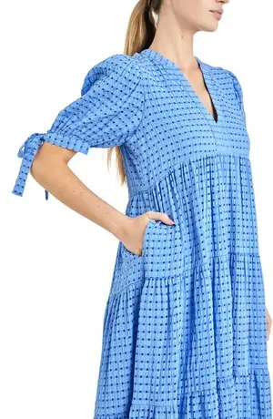 English Factory Gingham Tiered Midi Dress - Cobalt