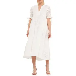 English Factory Gingham Tiered Midi Dress - White
