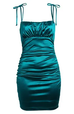 EMERALD SUNDAE Tie-shoulder Ruched Satin Mini Dress