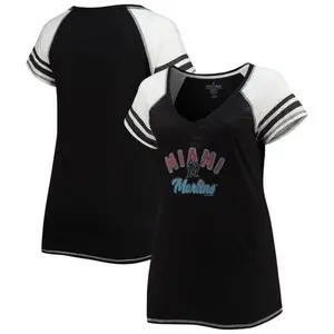 SOFT AS A GRAPE Miami Marlins Curvy Colorblock Tri-blend Raglan V-neck T-shirt - Black