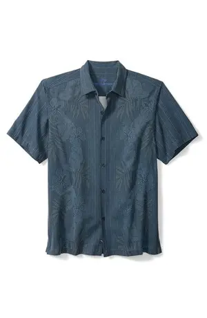 Tommy Bahama Bali Border Floral Jacquard Short Sleeve Silk Button-up Shirt - Navy