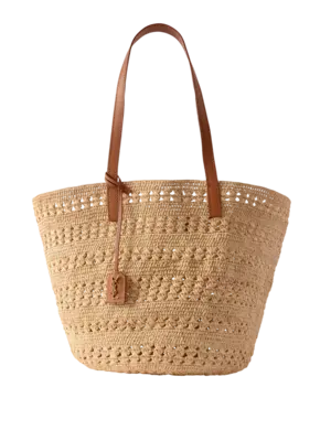 SAINT LAURENT Panier Medium Leather-trimmed Raffia Tote Bag